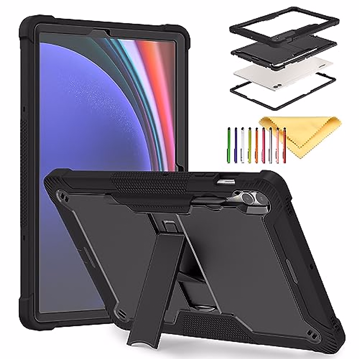 SaniMore Case for Samsung Galaxy Tab S9 Plus 12.4" Tablet 2023, Full-Body 3 Layers Rugged Kickstand Hybrid Case [Pen Holder] [Shock Absorbent] Cover for Galaxy S9+ Tablet SM-X810/X816B/X818U, Black