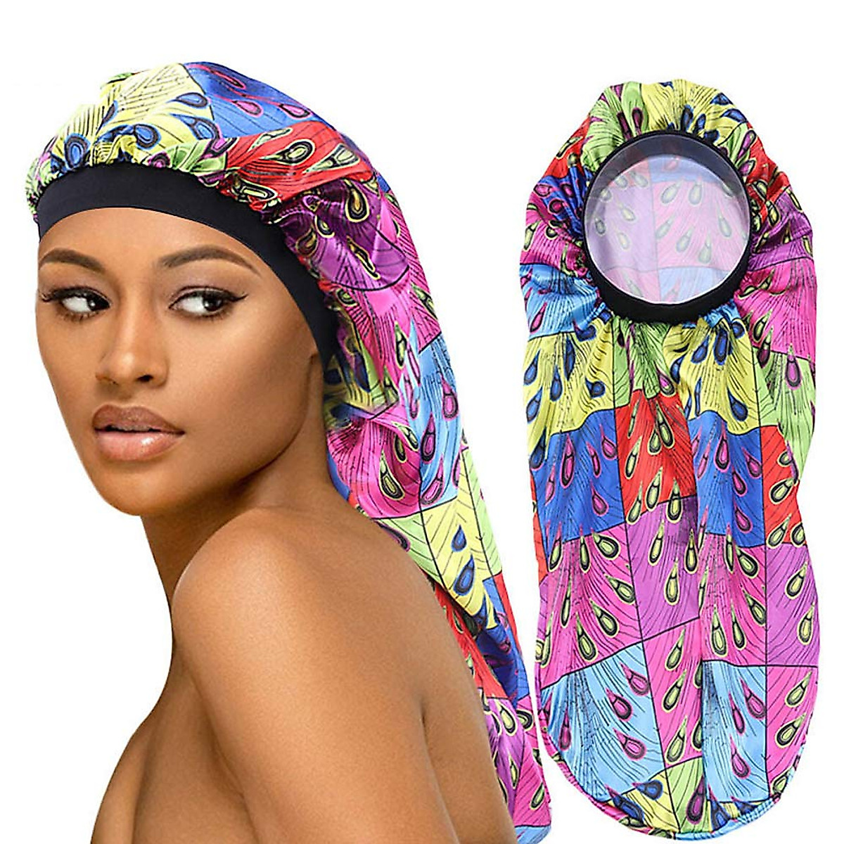 Vinyl Quote Me Extra Long Colorful Satin Bonnet Sleep Cap Long Bonnet for Braids Hair Loose Cap (Colorful Peacock)
