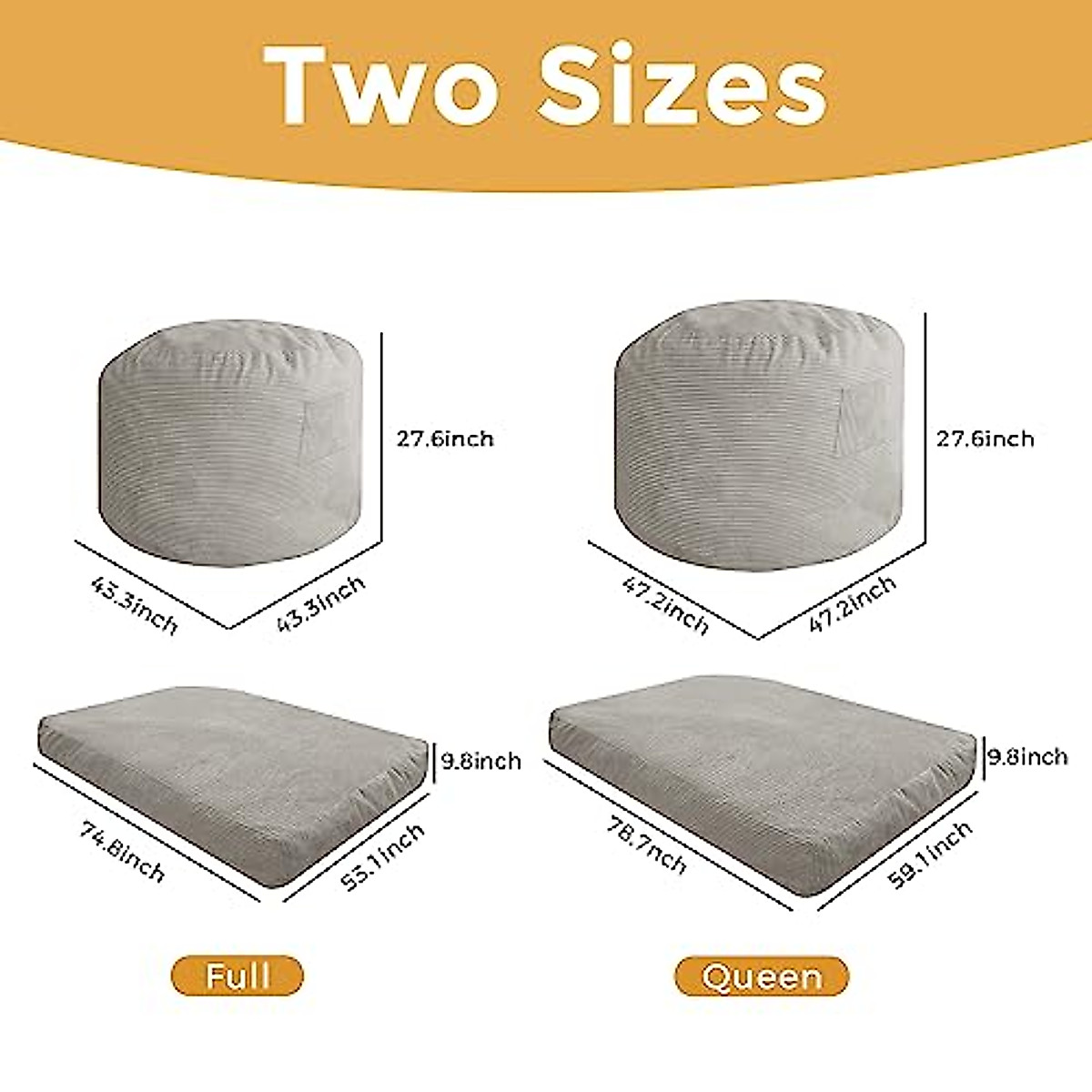 MAXYOYO Giant Bean Bag Chair Bed for Adults, Convertible Beanbag Folds from Lazy Chair to Floor Mattress Bed, Large Floor Sofa Couch, Big Sofa Bed, High-Density Foam Filling, Machine Washable