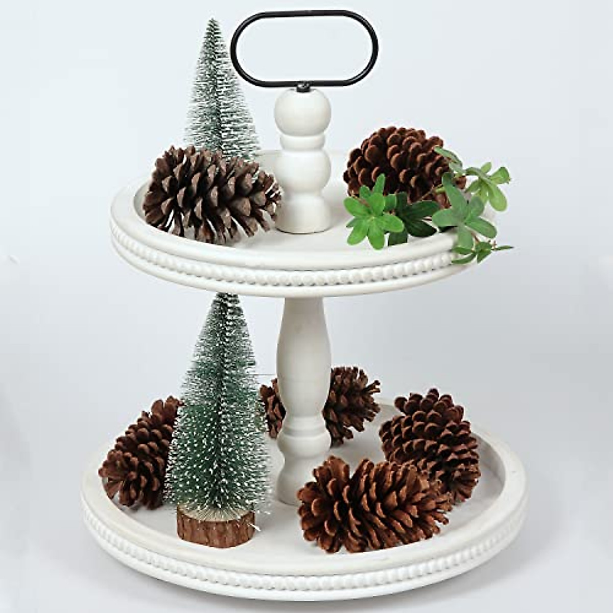 Carah&Cossh Distressed White Wood Two-Tier Tray with Metal Handle, Two Tier Stand with Beads，Farmhouse 2 Tier Serving Tray for Coffee Bar, Kitchen Counter, Dining Room Table(White)