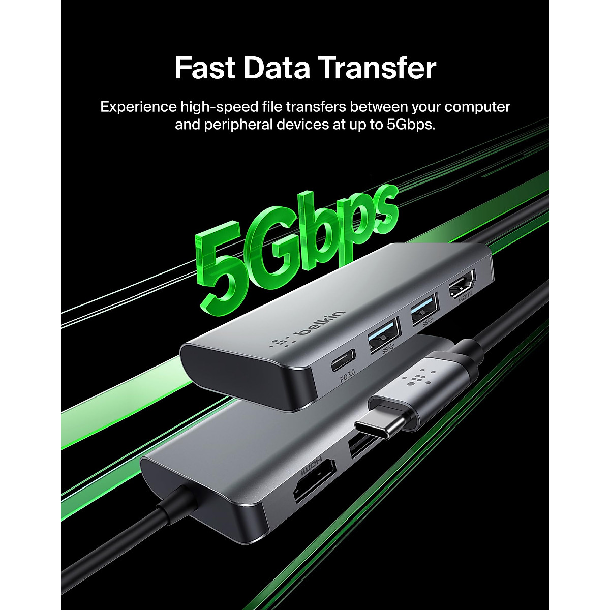 Belkin USB C Hub, 4-in-1 Multi-Port Laptop Dock with 4K HDMI, USB C Docking Station with 100 Watt Pass-Through Power Delivery, 2 X USB A Ports For MacBook Pro, Air, iPad Pro, Chromebook and More