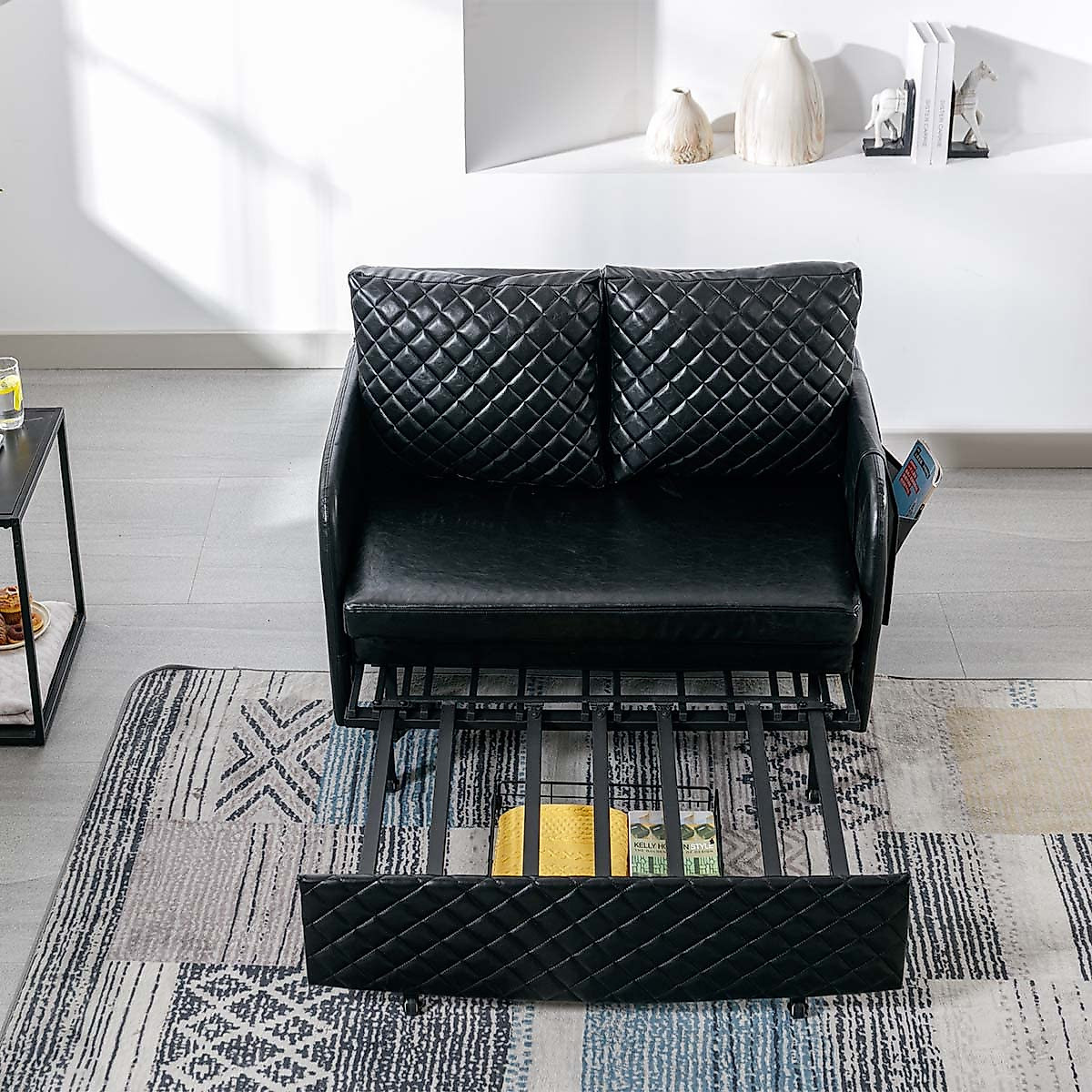 Lin-Utrend 46" Convertible Sleeper Sofa Bed, Modern Loveseat Couch with Pull Out Bed, Small Love Seat Futon Sofa Bed with Headboard, 2 Pillows Side Pockets for Living Room Apartment (Black)