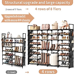 VTRIN Large Shoe Rack Organizer, tall metal rack Holds 62-66 Pairs, 8 Tiers Space Saving Shoe Shelf Storage with Side hanging pockets for Living Room Entryway Garage Black