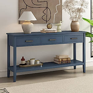 Modern 3-Drawer Console Table with 1 Shelf,Solid Wood Entryway Sofa Side Table for Hallway, Living Room, Foyer, Corridor, Easy to Assemble (Blue#3-Drawer)