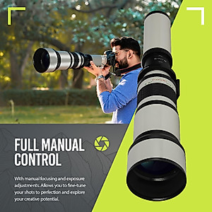High-Power 650-2600mm f/8 Manual Telephoto Lens for Canon EOS 80D, 90D, Rebel T3i, T5, T6i, T7, T8i, SL3, 60D, 70D, 5D, 6D II, 7D II SLR Cameras - White