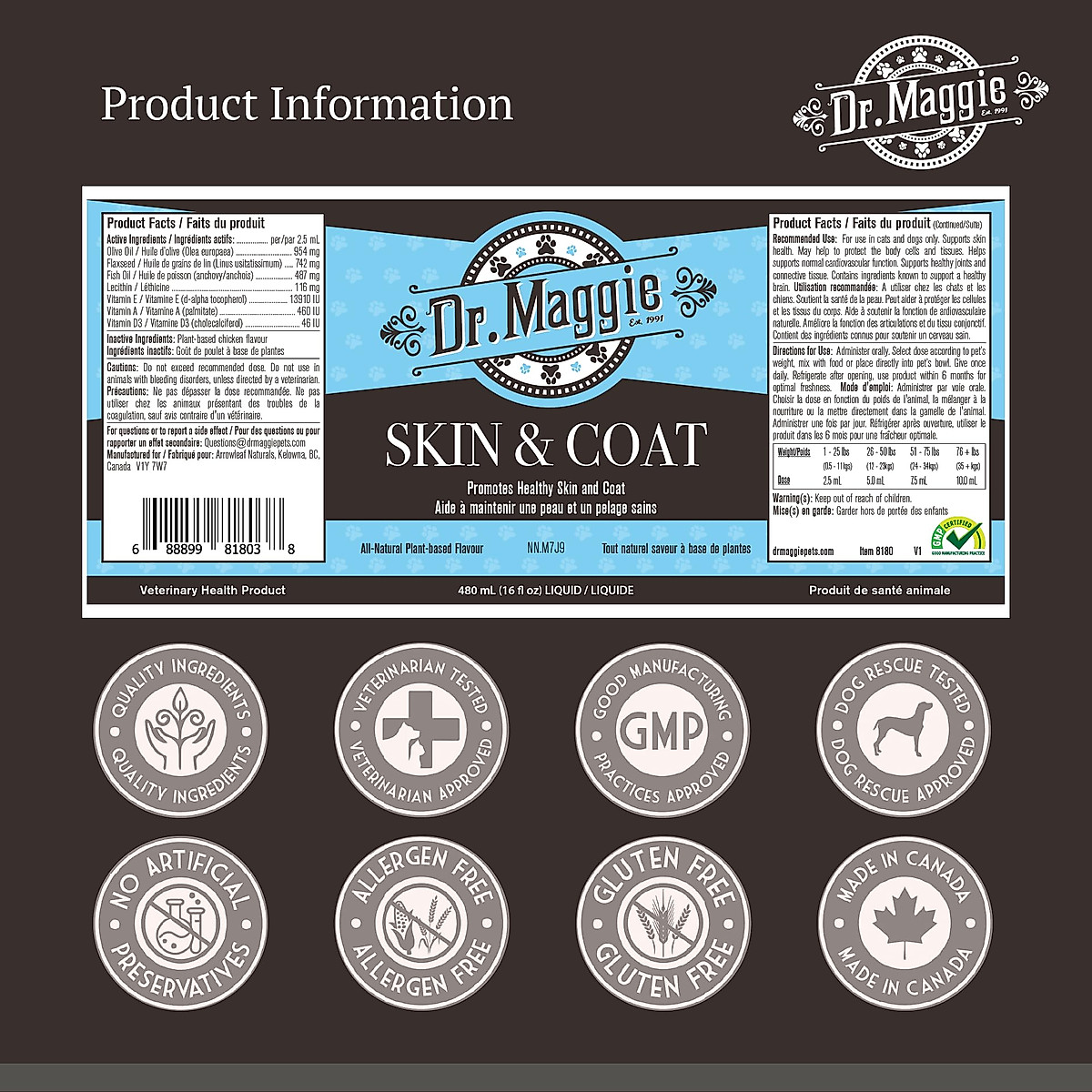 Dr. Maggie Skin and Coat | Omega 3 Supplement with Fish Oil, Flax, and Olive Oil | 480 ml