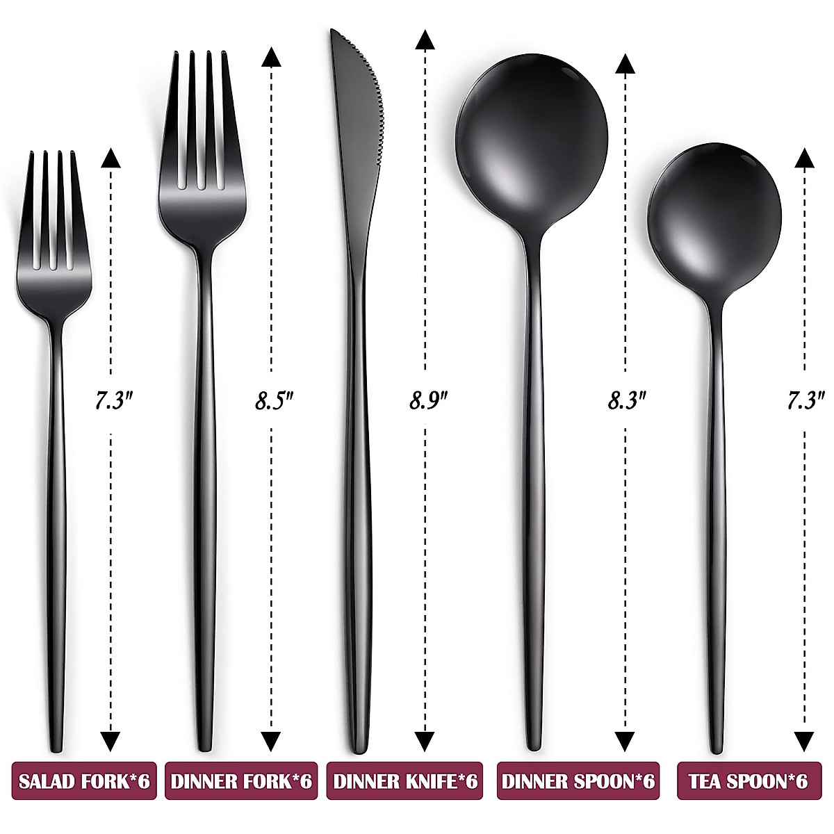 Black Silverware Set 30 Pieces, Black Flatware Utensil Cutlery Set for 6, Stainless Steel Black Forks Spoons and Knives Set Service for 6, Mirror Polished