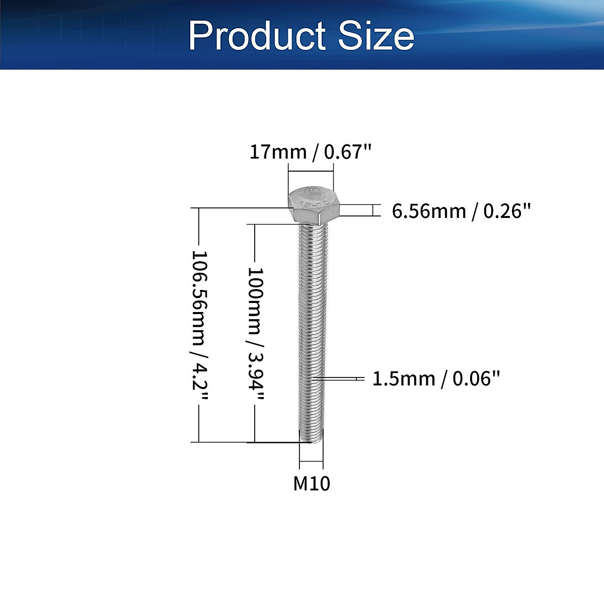 Bettomshin 5Pcs M10 x 100mm Hex Bolts, 304 Stainless Steel 1.5mm Thread Pitch Fully Threaded Metric Hex Head Screw Bolts, Hexagon Screw Bolt, Hex Tap Bolts, Silver (Overall Size 106.56x17x17mm)