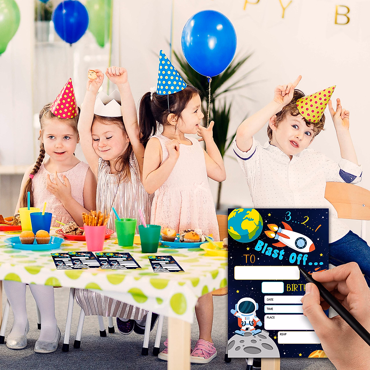 Buildinest Outer Space Birthday Party Invitations with Envelopes (20-Pack), 4"x6" Planets Rocket Ship Astronaut Birthday Invitation Cards, Galaxy Blast Off Party Invites-B15