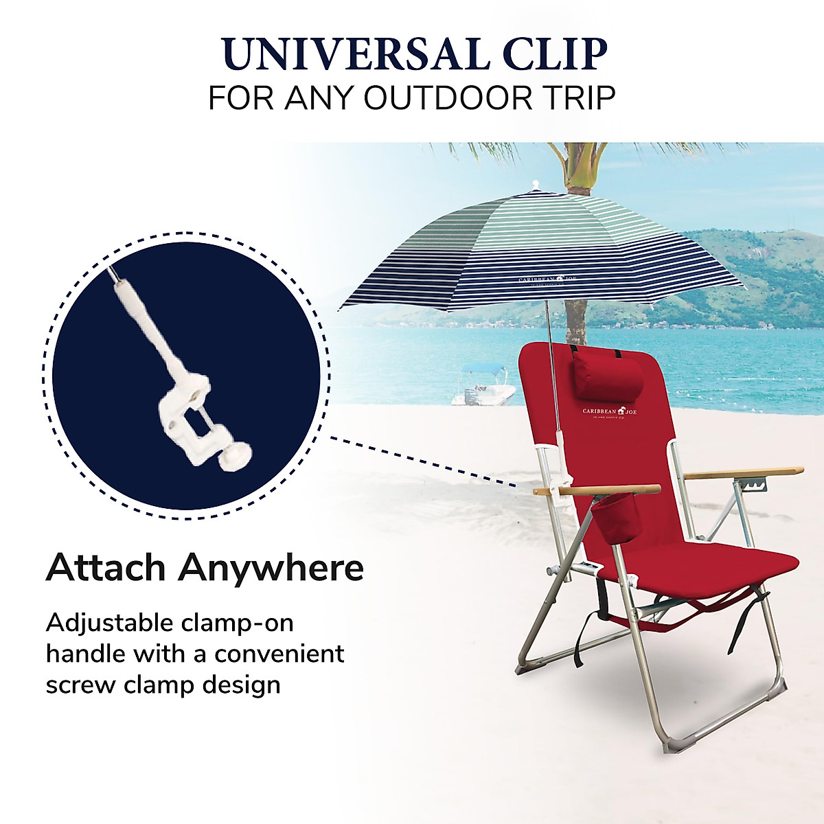 CARIBBEAN JOE Beach Umbrella for Chair, Adjustable and Universal Clamp On Beach Umbrella with UV Protection, 48 Inch Arc, Horizon Stripe
