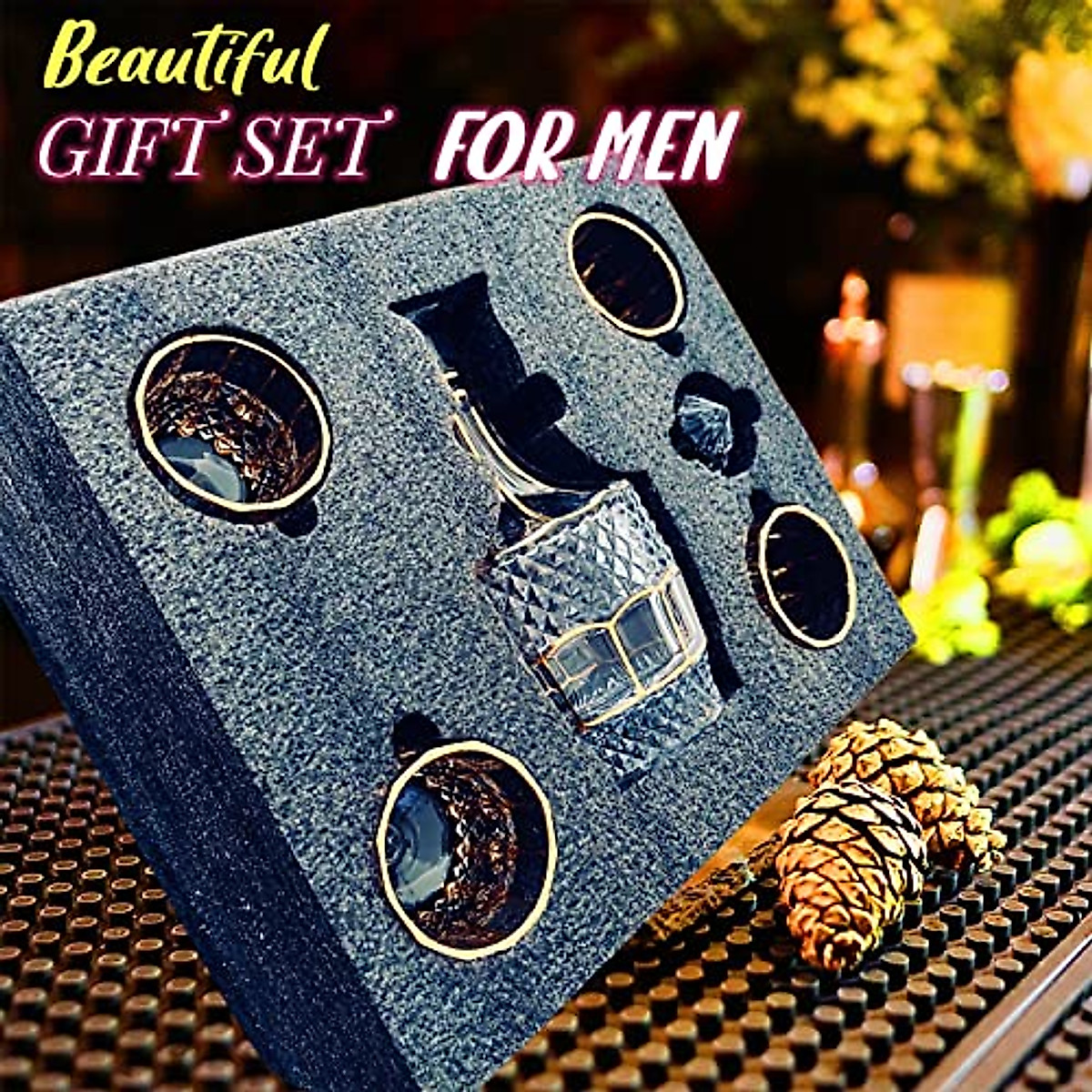 SALADAYS Whiskey Decanter and Glasses Set, Gold Crystal Decanter Set with 4 Whiskey Glasses, Gift Box, Perfect for Bourbon, Scotch and Wine - Gifts for Men