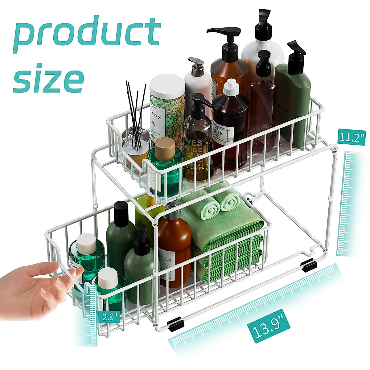 SUFAUY Pull-Out Sliding Drawer, 2 Tier Cabinet Organizer Metal Basket for Countertop Bathroom Storage, Under Kitchen Sink Organizer, Office, Wire Grid, White