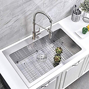 Friho 33"x 22" Inch Drop-in Stainless Steel Kitchen Sink,Brushed Nickel Topmount Kitchen Sinks,SUS304 Commercial Handmade 18 Gauge Single Bowl Large Basin With Dish Grid and Basket Strainer