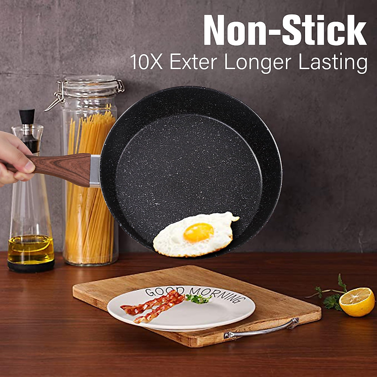 Kitchen Academy Pots and Pans Set Non Stick - 12 Pcs Induction Cooking Pans Set, Black Hammered Cookware Set，Induction Cookware Nonstick Granite Cooking Set