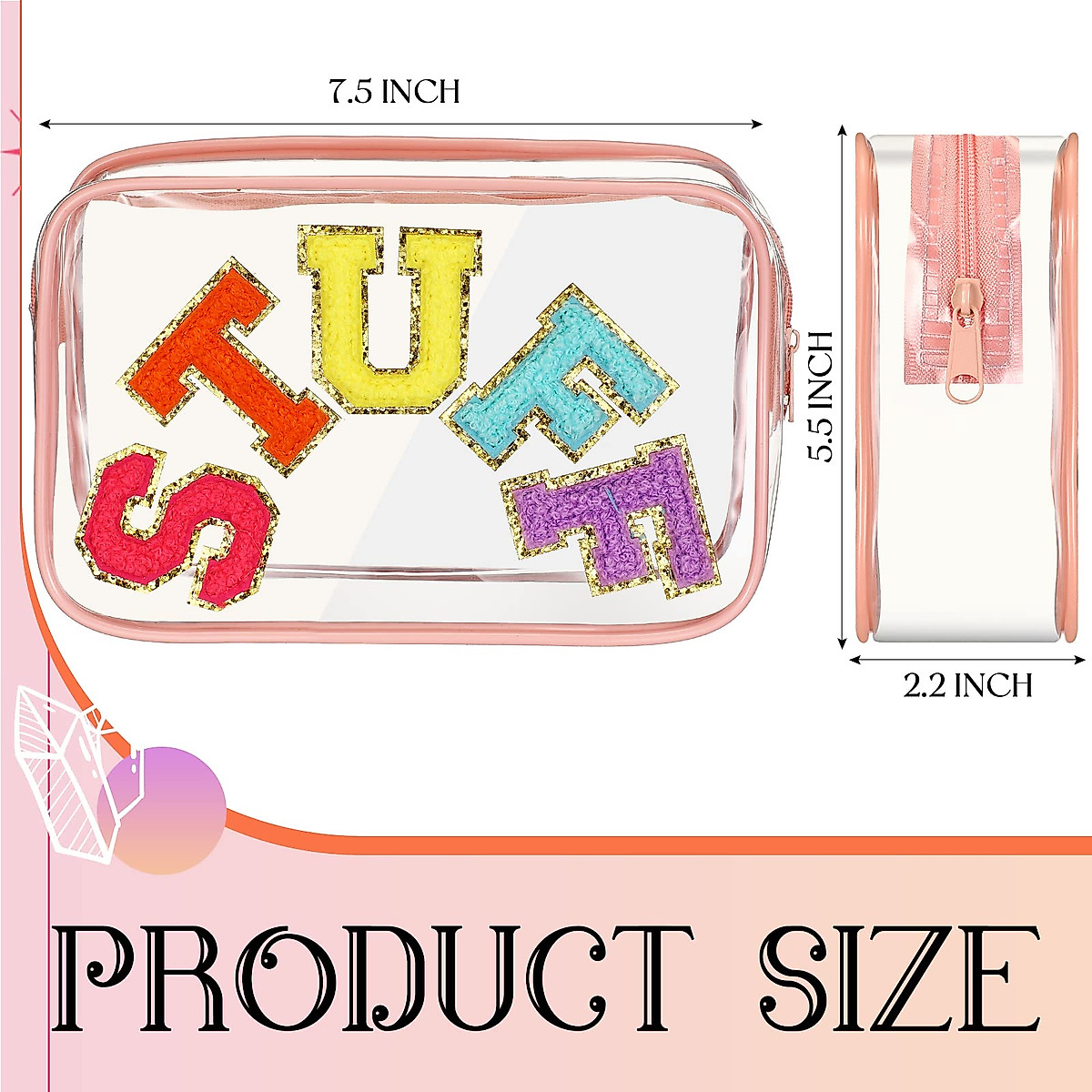 LEIFIDE Preppy Chenille Letter Clear Makeup Bags PVC Clear Zipper Pouches Portable Travel Pouch Transparent Cosmetic Bags Multi Purpose Stuff Bag Vanity Case Clear Coin Purse Waterproof for Women