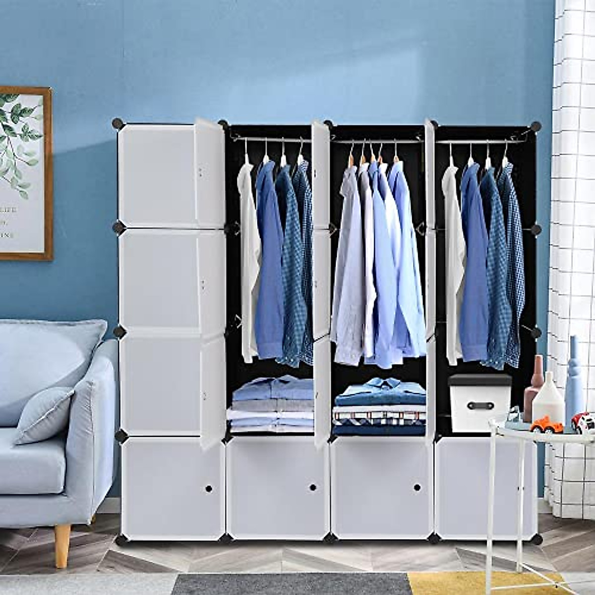 Kopokd Maximize Home Organization with Stackable Modular Shelving Closet Organizer - Plastic Storage Cubes with Hanging Rod and Wardrobe Cabinet Plus White Doors and Black Panels