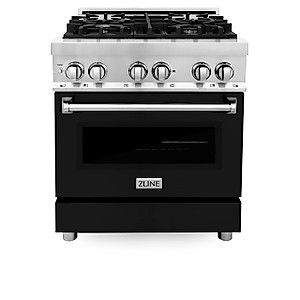 ZLINE 30 in. 4.0 cu. ft. Legacy Dual Fuel Range with 4 Burner Gas Cooktop and Electric Convection Oven in Stainless Steel and Black Matte Door (RA-BLM-30)