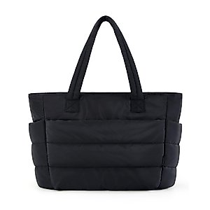 BAGSMART Tote Bag for Women, Lightweight Puffy Tote Bag with Compartments Shoulder Bag Handbag Quilted Shoulder Bag Handbag for Travel, Work, Beach, Gym, Shop (Black)