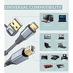 USB-B to USB-C/A Printer Cable 2-in-1 [2-Pack, 10FT] USB C MIDI Cable Nylon Braid High-Speed Printer Cord for MacBook Pro/Air, Casio Digital Piano MIDI Controller, HP Canon Dell Epson Brother Samsung