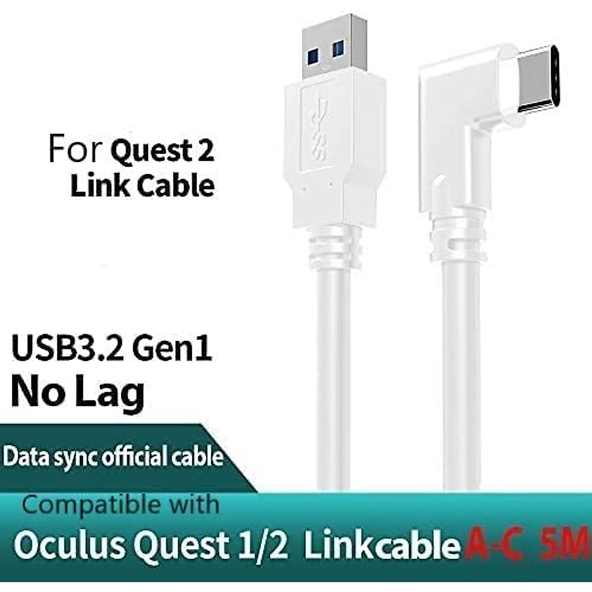 TNE 16ft Link Cable for Oculus Quest 2 & Quest 1 for PC Gaming & Charging | High Speed Data Transfer & Fast Charger Cord 90 Degree Angled Type C USB3.2 Gen1 to USB Type A Power Cable (16ft/5M, White)