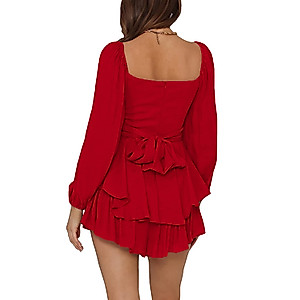 LYANER Women's Jumpsuit Lantern Long Sleeve Ruffle Layer Tie Mini Short Romper Red Medium