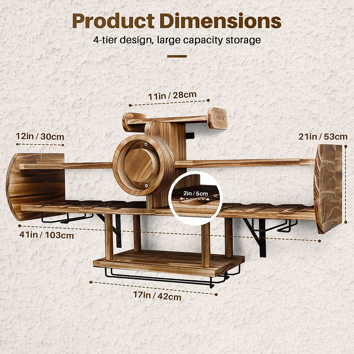 Homde Wine Rack Wall Mounted Wood,Wine Shelf with Bottle Stemware Glass Holder Rustic, Airplane Shape Multi Functional Wine Display Storage Rack for Home Bar (Light Brown)
