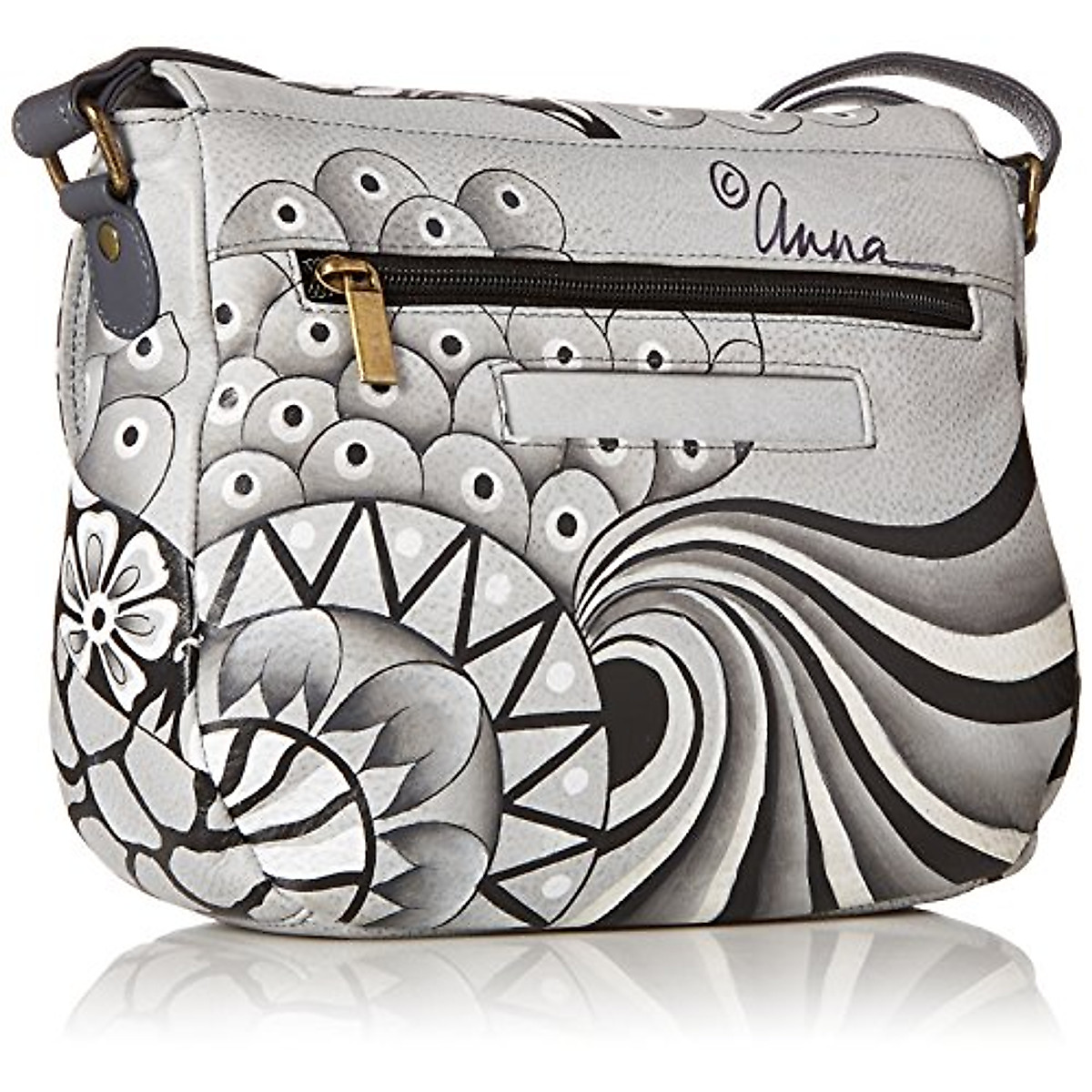 Anna by Anuschka Women's Genuine Leather Flap-Over Cross Body | Hand Painted Original Artwork | Patchwork Pewter