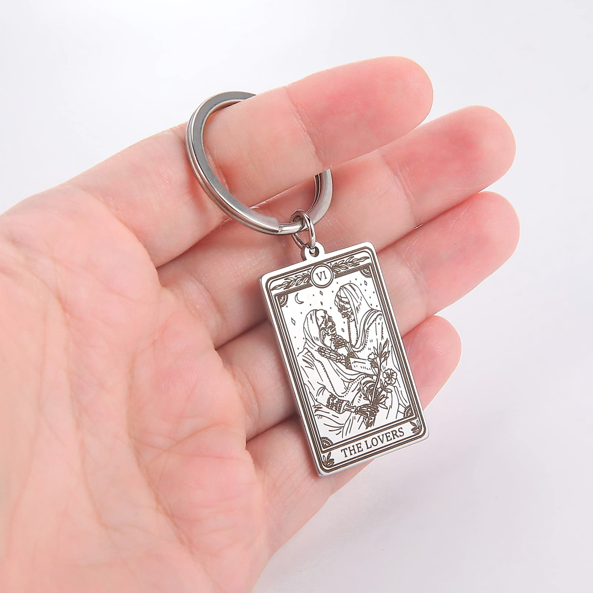 TEAMER Skeleton Tarot Cards Keychains Stainless Steel Amulet Marigold Tarot Card Major Arcana Keyring for Keys Cars Bags (Steel Color-THE LOVERS)