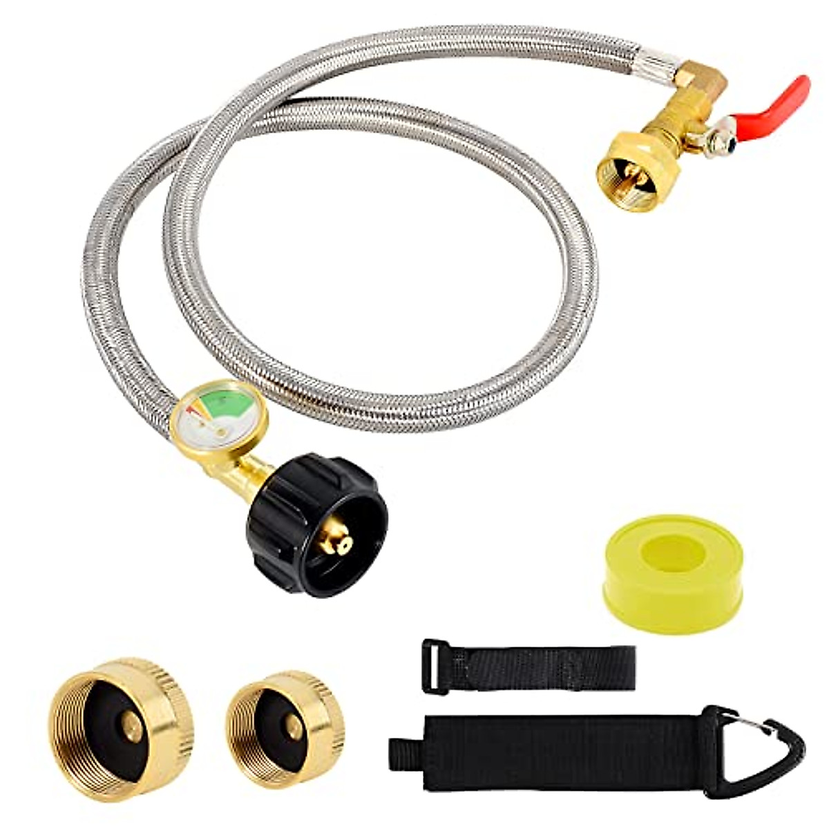 Rdutuok 36" Stainless Braided Gas Line Propane Extension Refill Hose with Gauge and Control Valve, Propane Tank Refill Adapter Extension Hosefor 1LB Propane Gas Tank 350PSI High Pressure Camping