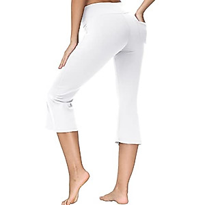 Cakulo Women's Plus Size Capris Pants Yoga Flare High Waist Bootcut Stretch Jean Casual Palazzo Cream Bottoms Knee Flared Leggings with Pockets White XL