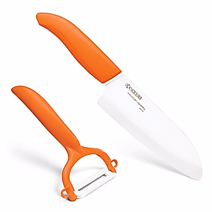 Kyocera Advanced Ceramic Revolution Series 5-1/2-inch Santoku Knife and Y-Peeler Set, Orange