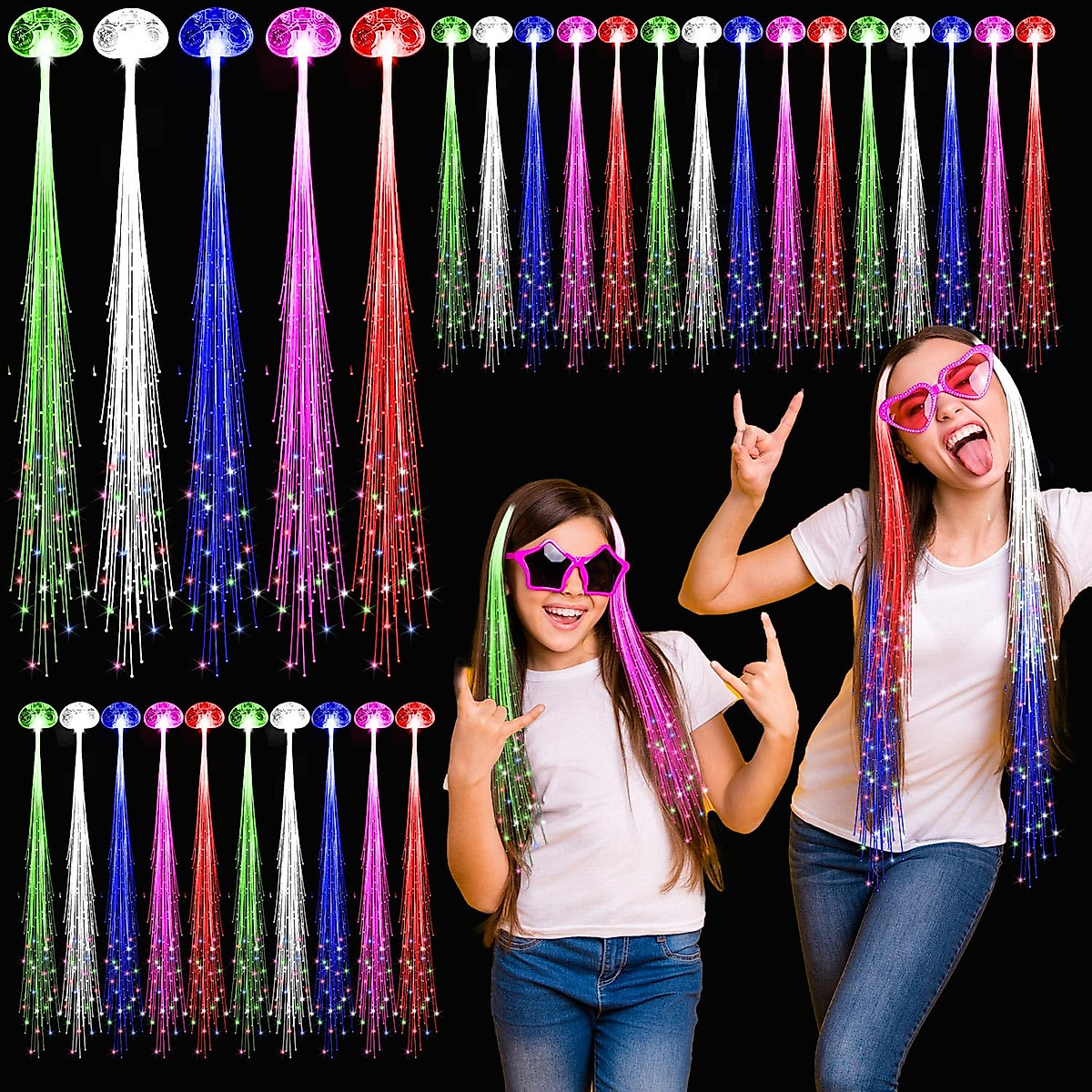 30 Pack LED Lights Hair Light-Up Fiber Optic LED Hair Barrettes Extensions Light Flashing Fiber Optic Hair Braid Barrettes Hair Clips for Party Favors Festival Party Bar Concert