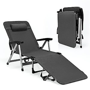 Tangkula Folding Chaise Lounge Chair, Adjustable 7-Position Recliner with Removable Headrest and Cup Holder, Holds 330LBS Weight Capacity, Portable Tri-fold Patio Lounger for Sunbathing (1, Grey)