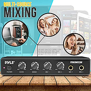 Pyle Compact Karaoke Audio Mixer - Professional Portable Audio Sound Mixer Mic Receiver w/Two Microphone Inputs, RCA, AUX, Mic Level/Music/Echo Controls, for DJ Sound, Home Party & Theater - PDKRMX2M
