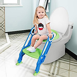 BABY JOY Kids Portable Potty Training Toilet Seat w/Step Stool Ladder, Foldable Adjustable Toddler Toilet Training Seat Chair with Non-Slip Pads and Soft Cushion Seat, for Boys Girls Toddlers (Blue)