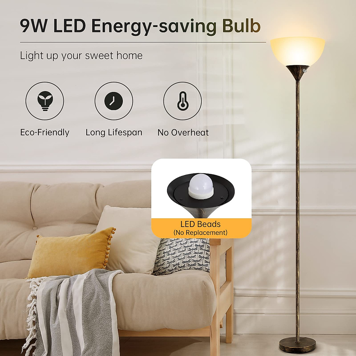 BoostArea Floor Lamp, 70.1” Tall Lamp, 9W LED Rustic Bronze Finish Floor Lamp, Energy Saving, 3000K Warm White, Eye-Caring, Torchiere Floor Lamps for Living Room, Bedroom, Office