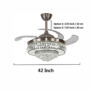 YIYIBYUS Modern Retractable Crystal Ceiling Fan with Light and Remote Control Ceiling Fan Dimmable 3 Speed Timing Smart Ceiling Fan Chrome Silver for Living Room,Bedroom (Silver, 42 inch)