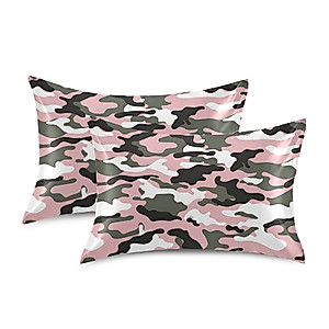 Camouflage Military Pink Satin Pillowcase for Hair and Skin Silk Pillowcase Pillow Case with Envelope Closure Throw Pillow Cover for Sofa Hotel Couch Bedroom Home Decor - King, 40x20inch