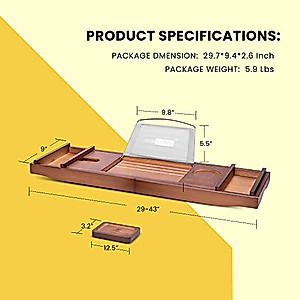 VIVOHOME Expandable 43 Inch Bamboo Bathtub Caddy Tray with Smartphone Tablet Book Holders, Soap Tray, Wine Glass Slot, Brown