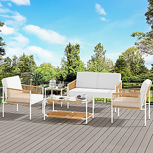 JAMFLY 5 Piece Patio Wicker Furniture Set, Outdoor Patio Furniture Rattan Conversation Set, All Weather Conversation Set for Backyard, Balcony, Deck with Soft Cushions and Glass Table