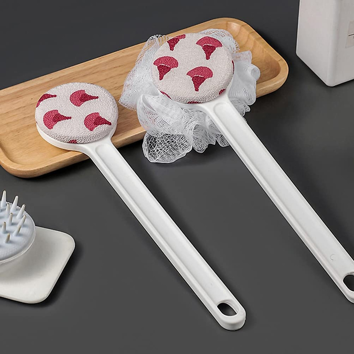 Cabilock Bath Back Brush Bath Body Brush Shower Foot Scrubber Shower Brush with Bristles Loufa Puff Scrubber Back Brush Handle Dual-Sided Back Brush Body Scrub Man Ice Cream Loofah Pp