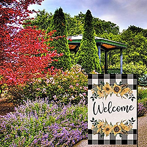 LARMOY Spring Summer Welcome Garden Flag for Outdoor,12×18 Double Sided Black and White Buffalo Plaid with Sunflowers,Small Yard Flags for All Seasons,Seasonal Farmhouse Outside Holiday Decor
