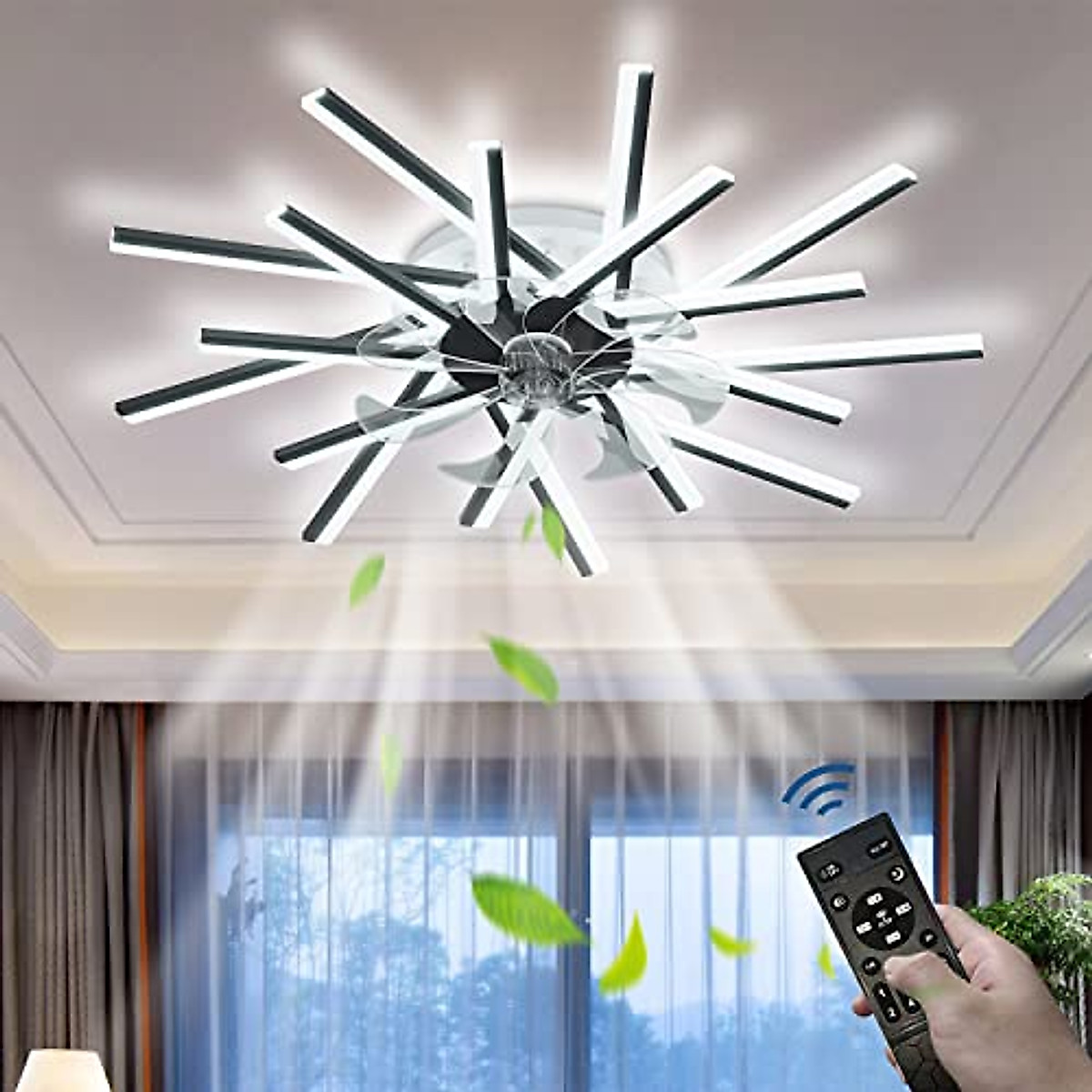 Aajqv 36.2" Ceiling fans with lights，3 color temperatures,6 Gear Wind Speed ceiling fan with lights remote control，flush mount ceiling fan for Bedroom, living room 70W (36.2", Black)