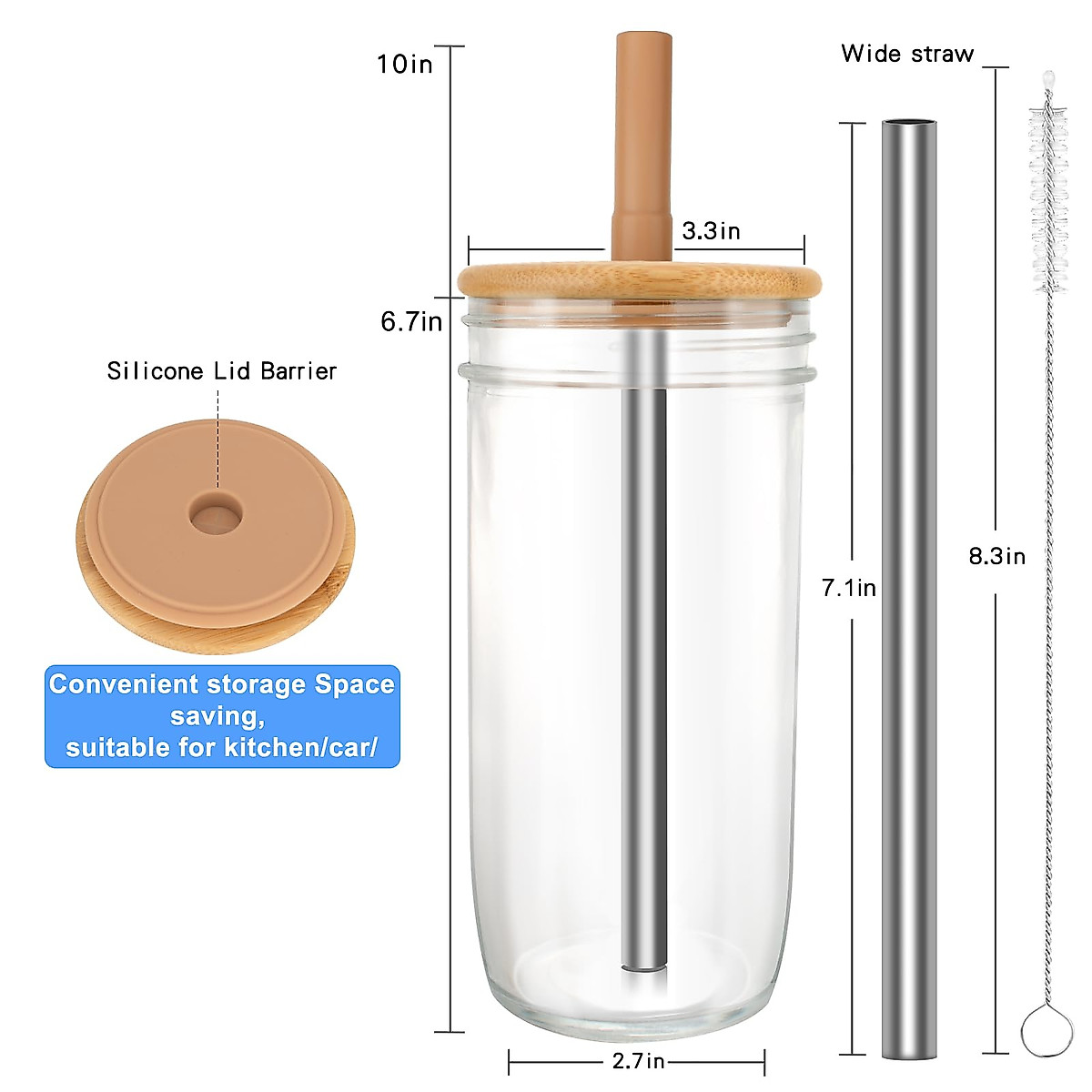 Hydraful 24 oz Glass Tumbler Cup with Bamboo Lid and Straw - 2 Pack, Mason Jar Tea Cup, Wide Mouth Glass Bottle for Smoothie, Iced Coffee, Juice, and Water, BPA Free, Dishwasher Safe