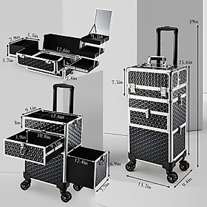 Joligrace Rolling Makeup Case with Wheels Professional Cosmetology Large Train Case Wheeled Cosmetic Trunk with 8 Divided Trays for Makeup Artist, Hair Stylish or Home Use - Black