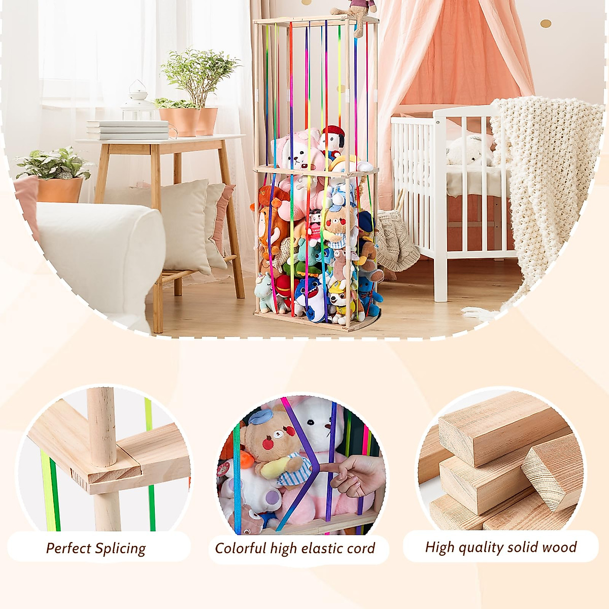 HAHASOLE Stuffed Animal Toy Storage Organizer, 59" Tall Wooden Large Stuffed Animal Holder with Rainbow Elastic Rope and Star String Lights, Zoo Cage for Nursery, Play Room, Bedroom…