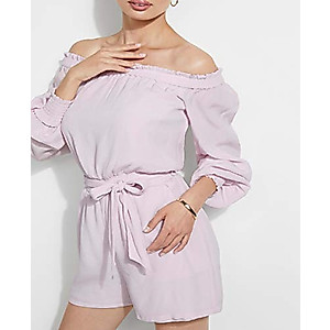 GUESS Women's Mellie Long Sleeve Off Shoulder Romper, Lavender Hush, Large