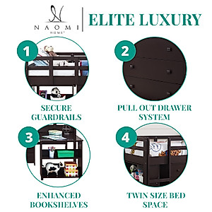 Naomi Home Low Loft Bed Twin Loft Bed with Desk and Storage Kids Beds for Boy Solid Pine Wood Toddler Loft Bed with Storage, Ladder Storage Guard Rails, No Box Spring Needed, Loft Bed Espresso