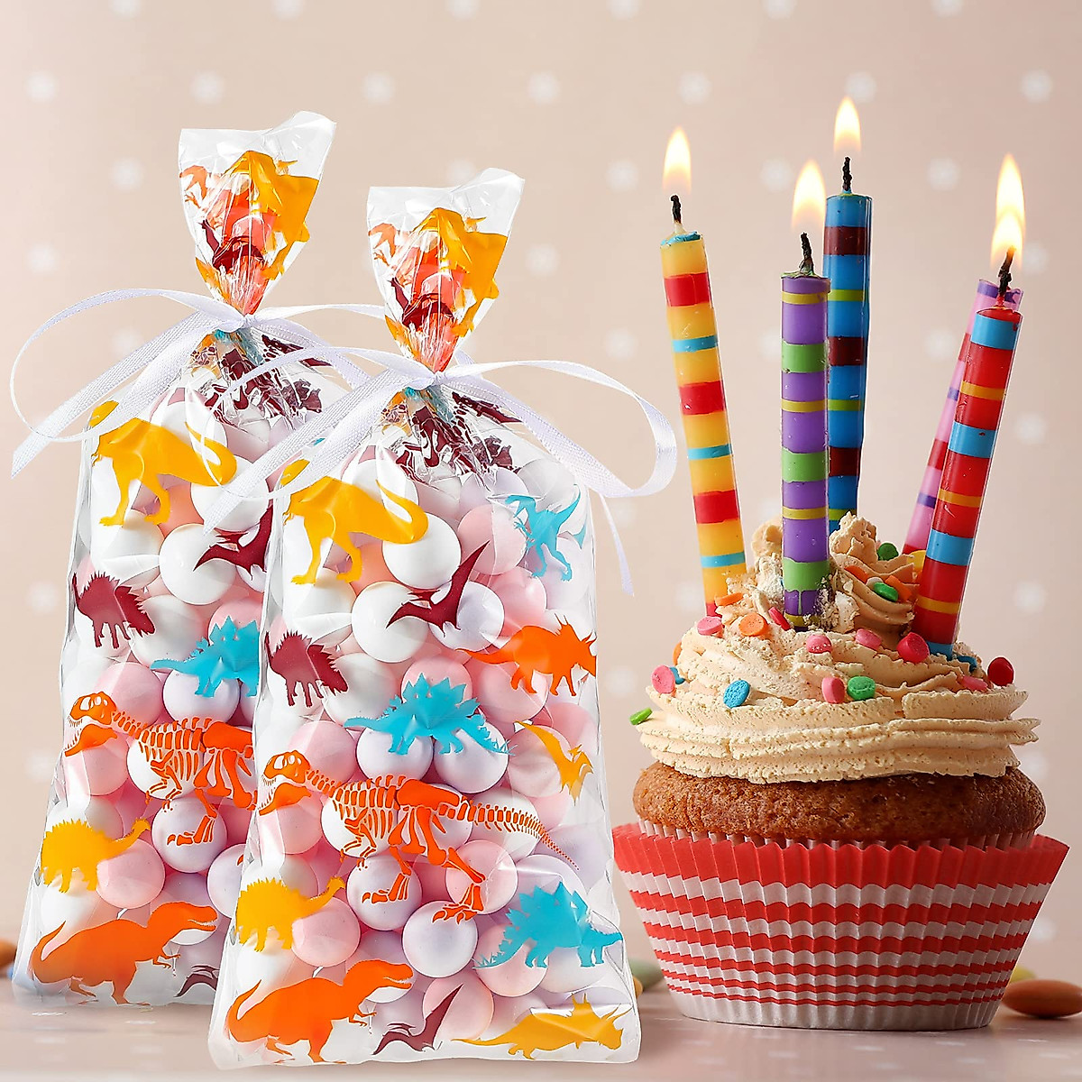 Outus 100 Pieces Dinosaur Cellophane Bags Clear Dinosaur Skeleton Bags Party Favors Bags with A Roll of Ribbon for Chocolate Candy Snacks Cookies Dinosaur Themed Party Supplies (Mixed Colors)