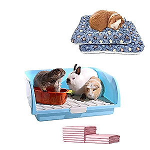 Large Rabbit Litter Box, Small Animal Potty Trainer & 2 Packs of Square Plush Guinea Pig Bed Mat